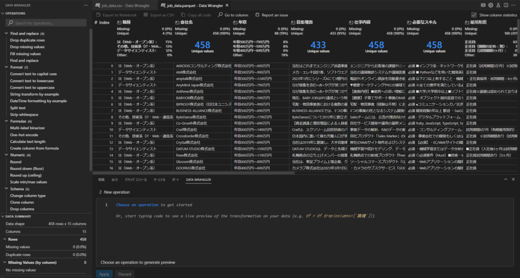 parquetファイルの中身はVSCODEの拡張機能 Data Wranglerで見れる！ - サイノメブログ